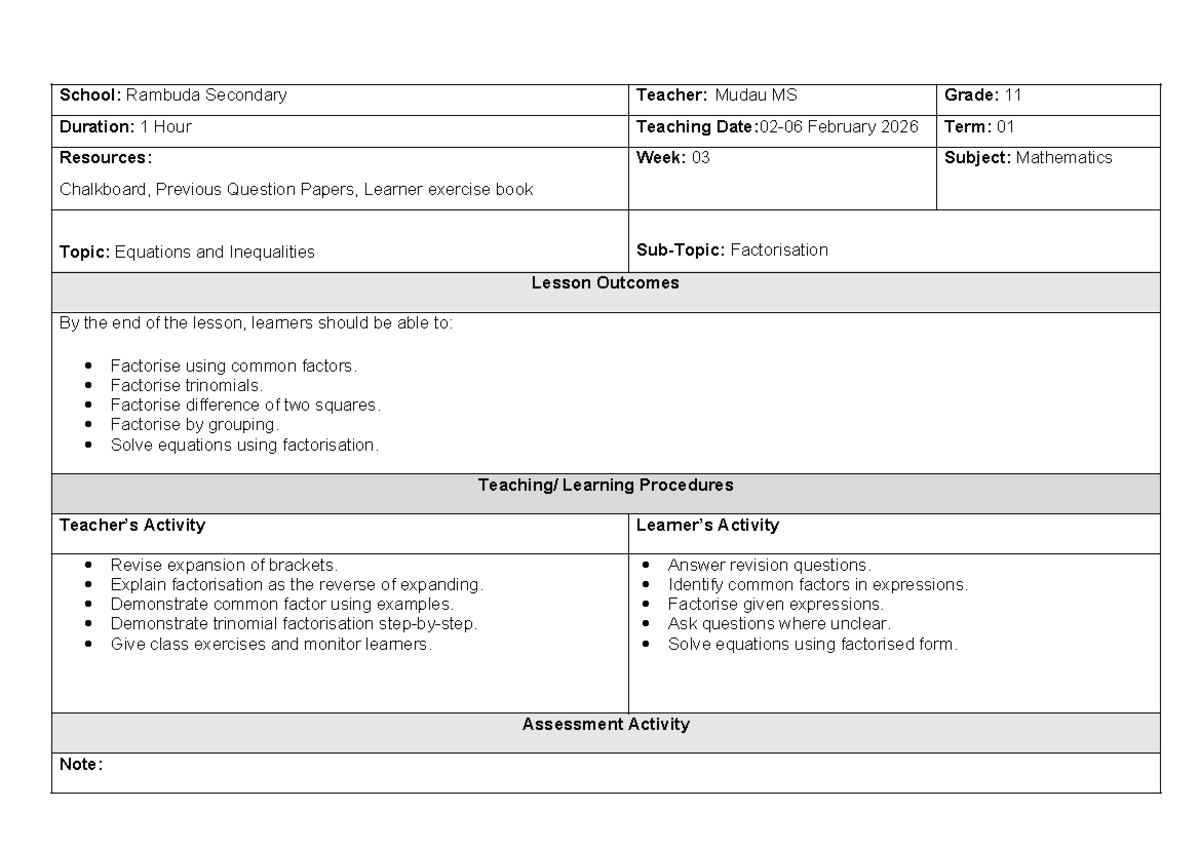 Mathematics Lesson Plan: Factorisation for Grade 11 (Term 01) - Studocu