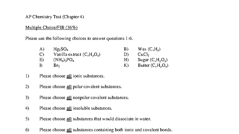 AP Chemistry Test (Chapter 4) Multiple Choice Questions - Studocu