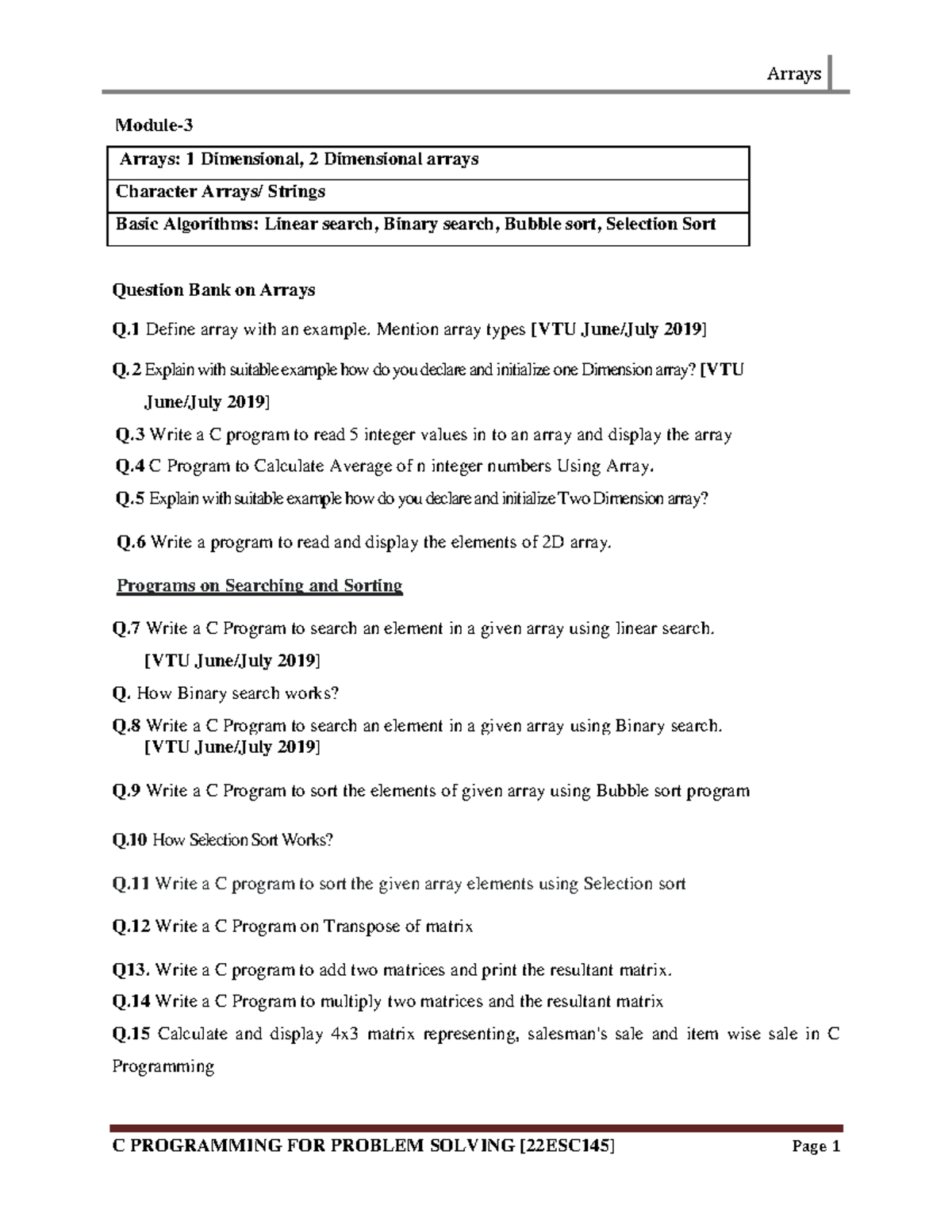 Module-3 C Arrays: 1D & 2D Arrays, Basic Algorithms & Q&A - Studocu
