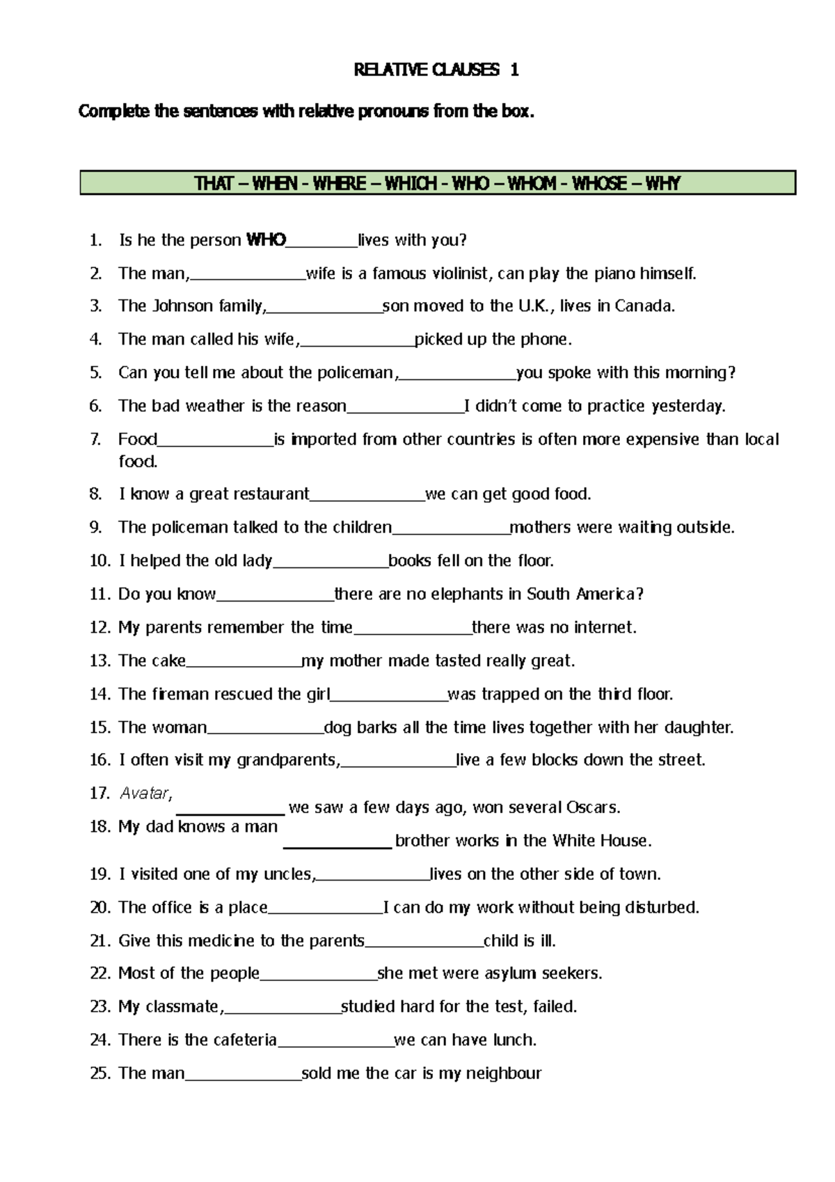 Rc001 - Relative Clauses: Exercises on Pronouns and Sentence Completion ...