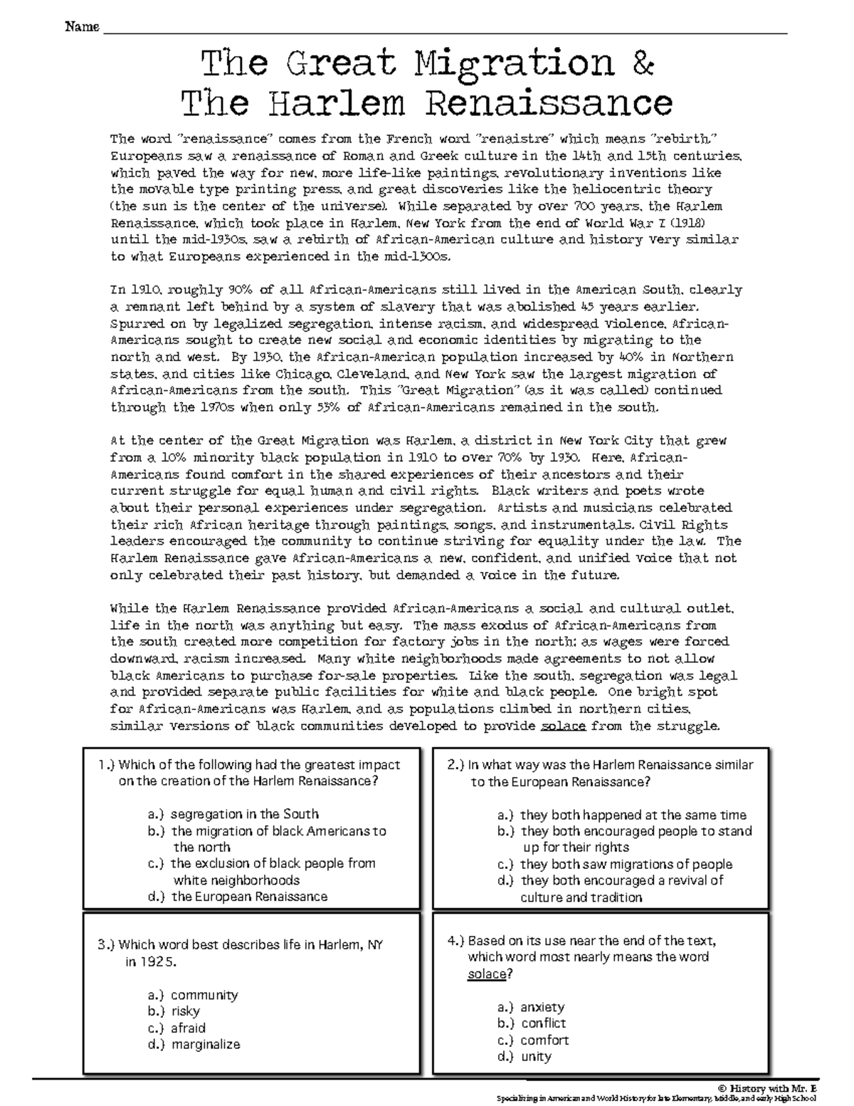 Harlem Renaissance Classwork: The Great Migration's Impact on Culture ...