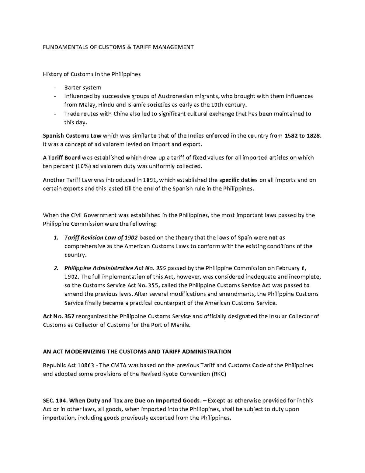 Fundamentals of Customs & Tariff Management: Historical Overview - Studocu