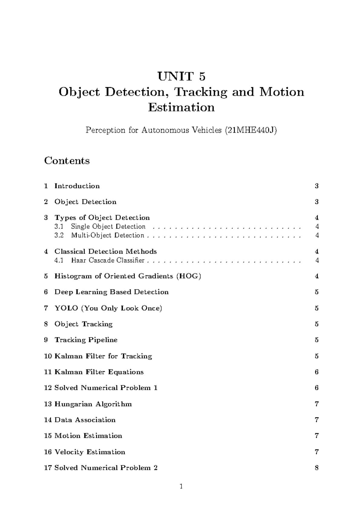 Lecture Slides on Object Detection & Tracking for AVs (21MHE440J) - Studocu