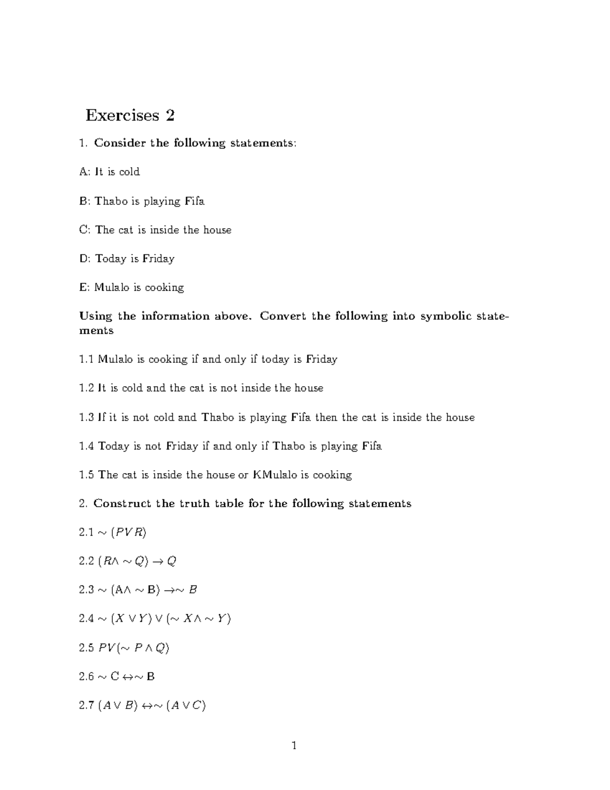 Logic Exercises 2023: Symbolic Statements & Truth Tables - Studocu