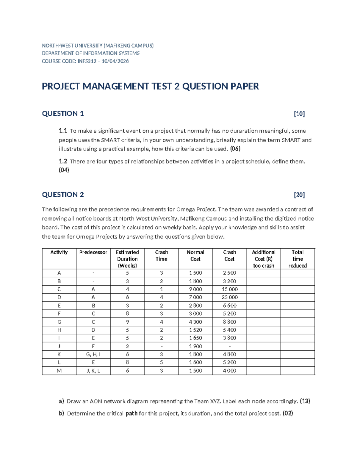 INFS312 - Project Management Test 2: Questions & AON Diagram - Studocu