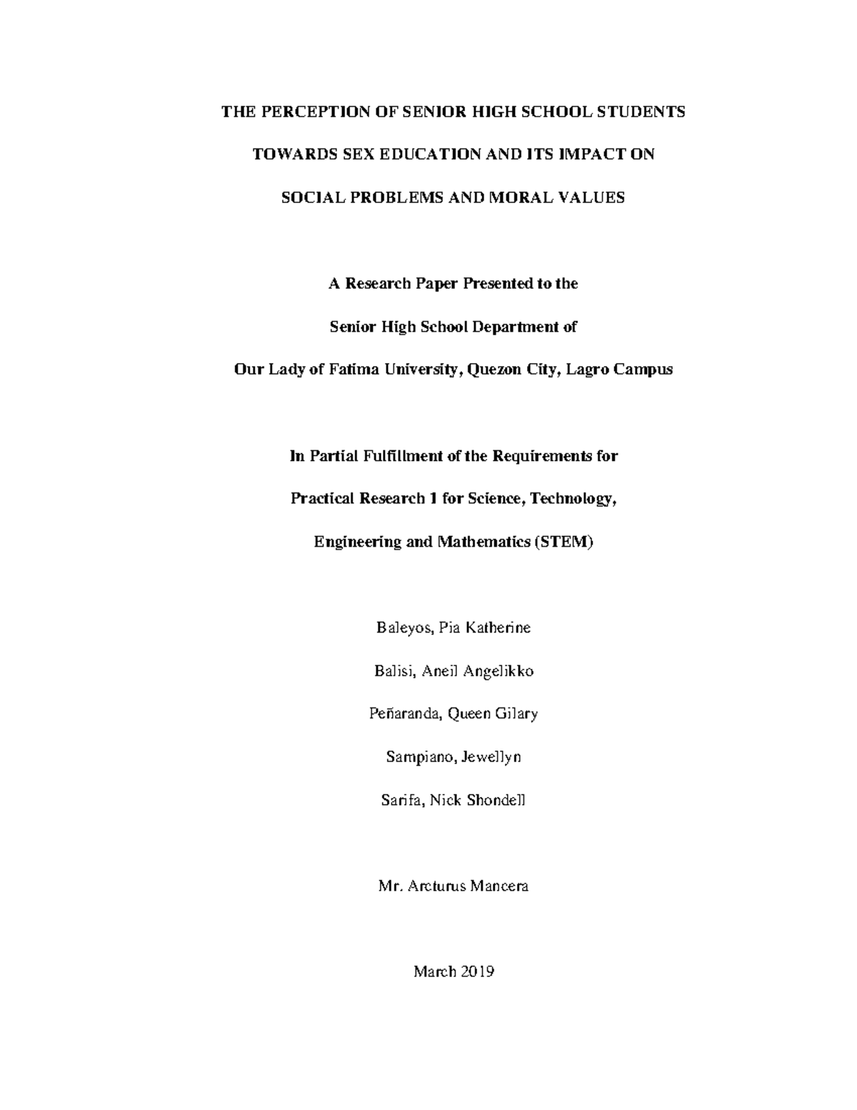 Senior High School Research 1: Students' Views on Sex Ed Impact on ...