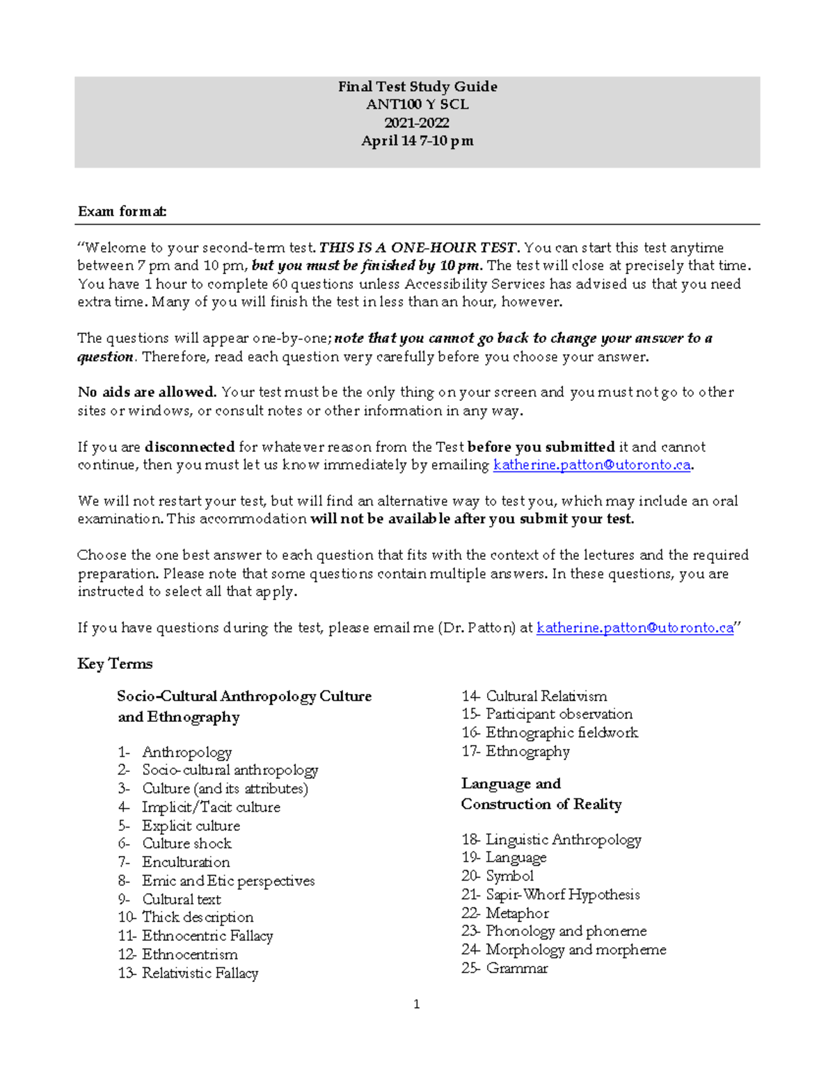 ANT100Y Final Exam Study Guide: Key Concepts and Questions - Studocu