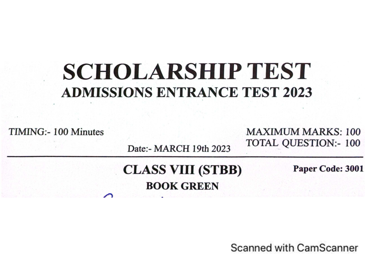 Sample Paper for Scholarship Test (STBB) 2023 - Paper Code: 3001 - Studocu