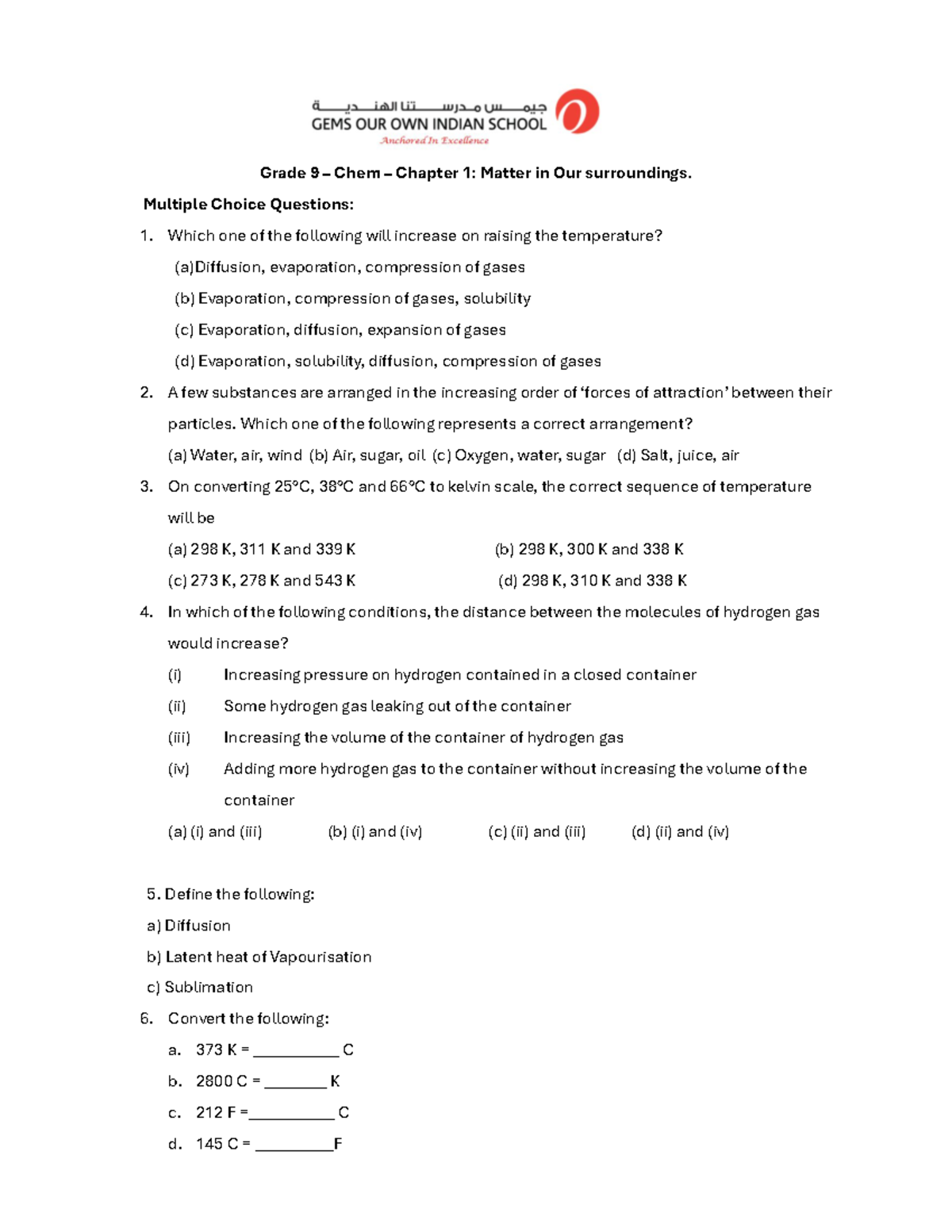 Grade 9 Chem Chapter 1: Matter in Our Surroundings MCQs & Notes - Studocu