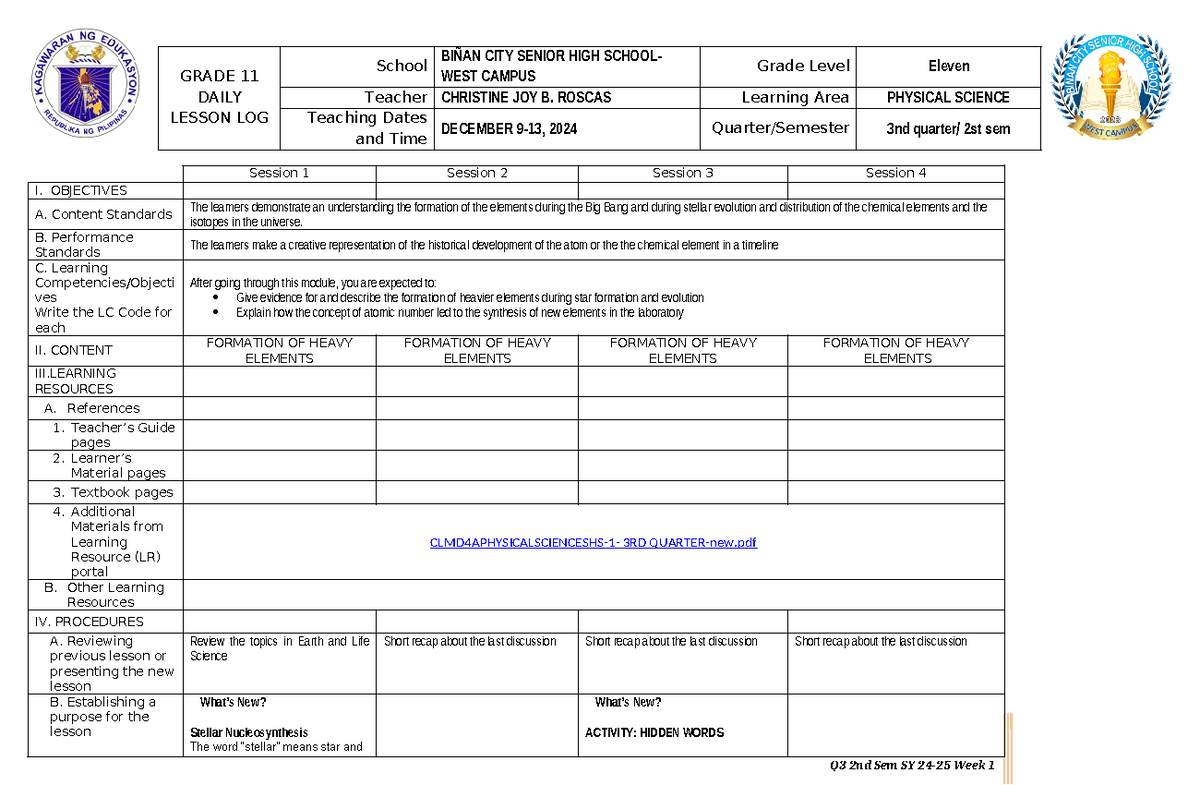 PS - Q3 W1 - DLL - GRADE 11 DAILY LESSON LOG School BIÑAN CITY SENIOR ...