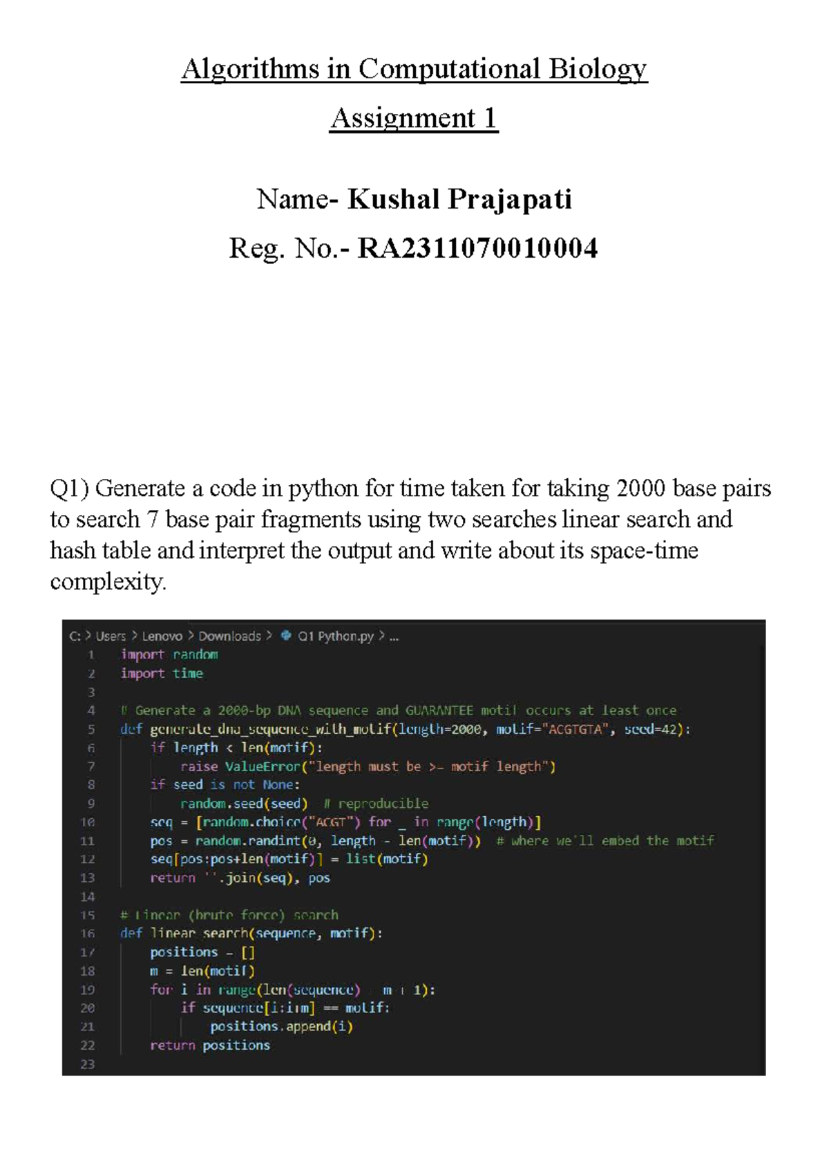 Algorithm Assignment 1: Python Code for Base Pair Searches and Complexity - Studocu