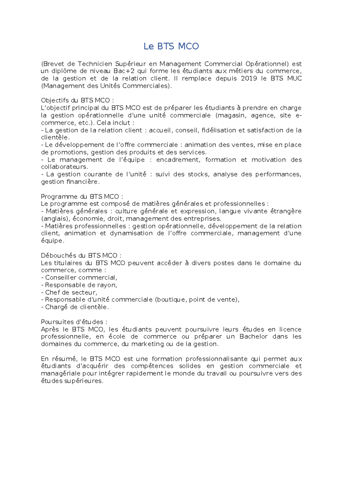 Présentation du BTS MCO : Formation en Management Commercial - Studocu