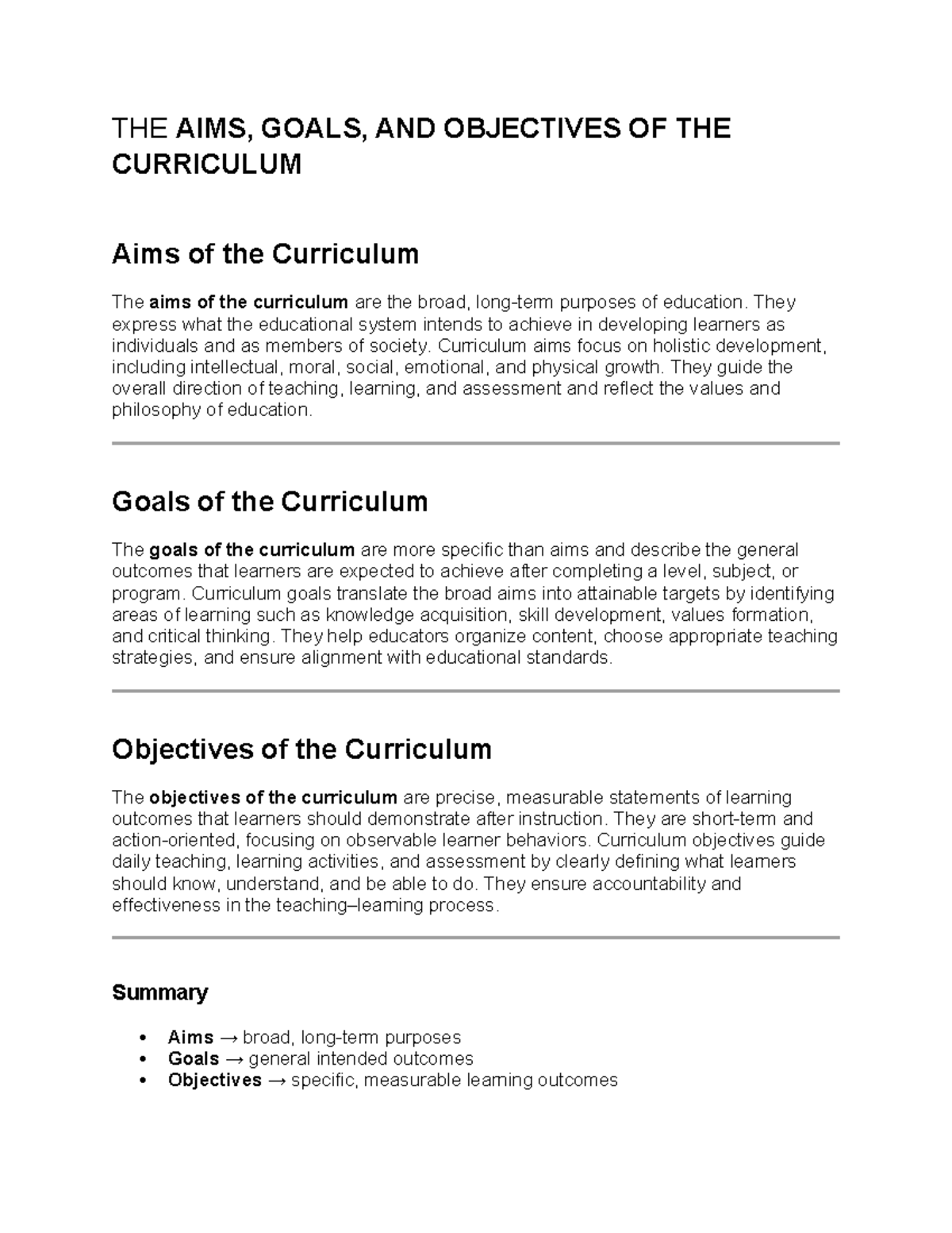 Curriculum Aims, Goals, and Objectives Overview - Studocu