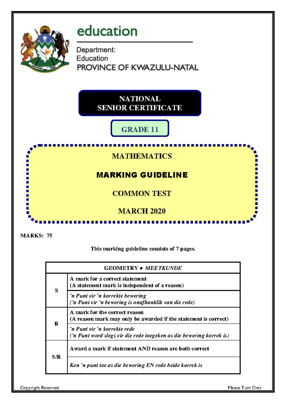 2020 NSC G11 Mathematics March Common Test Marking Guideline - Studocu