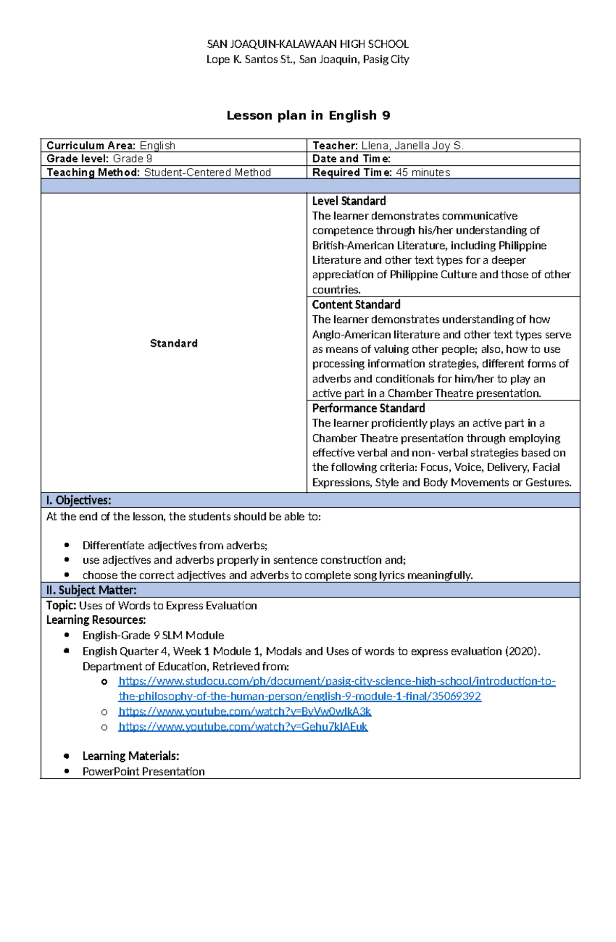 English 9 Lesson Plan: Understanding Adjectives & Adverbs - Studocu