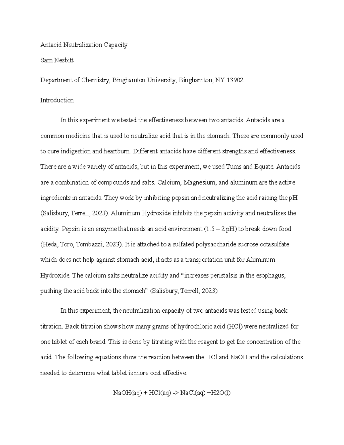 Chemistry Antacid Lab Report - Antacid Neutralization Capacity Sam ...