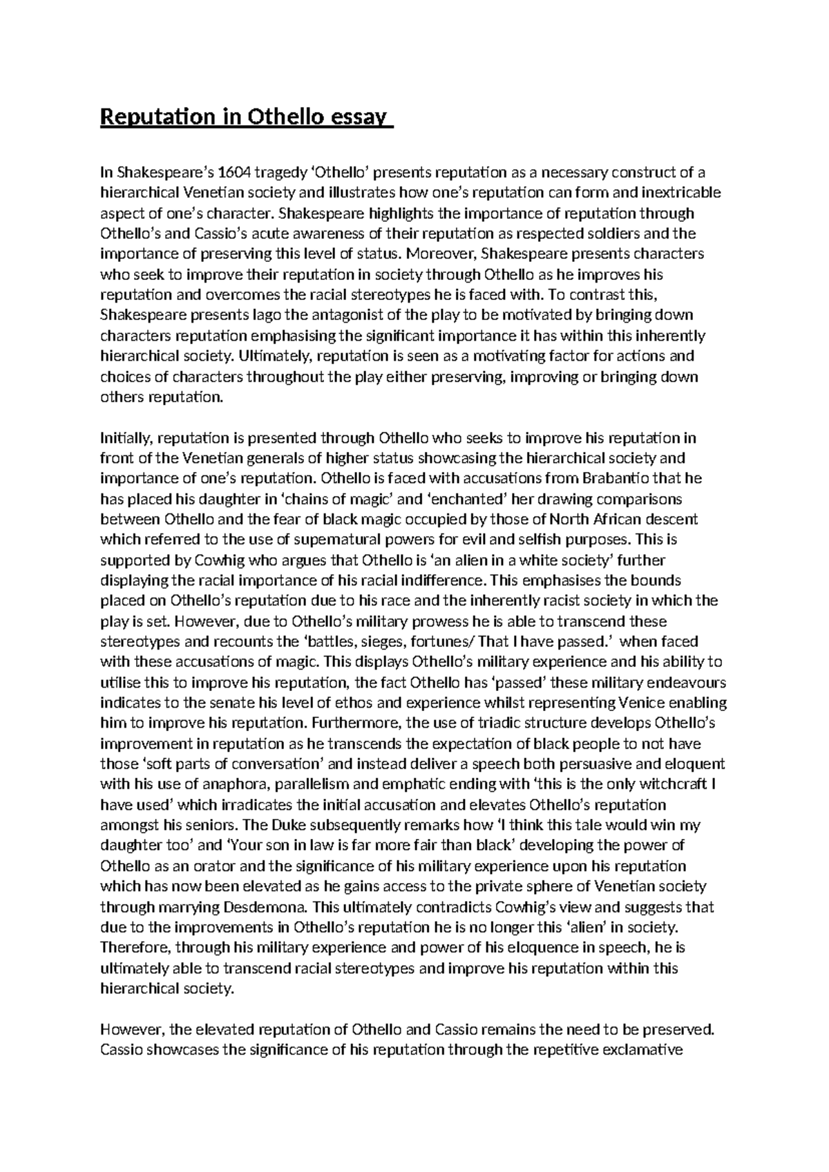 Reputation Dynamics in 'Othello' - An In-depth Essay Analysis - Studocu