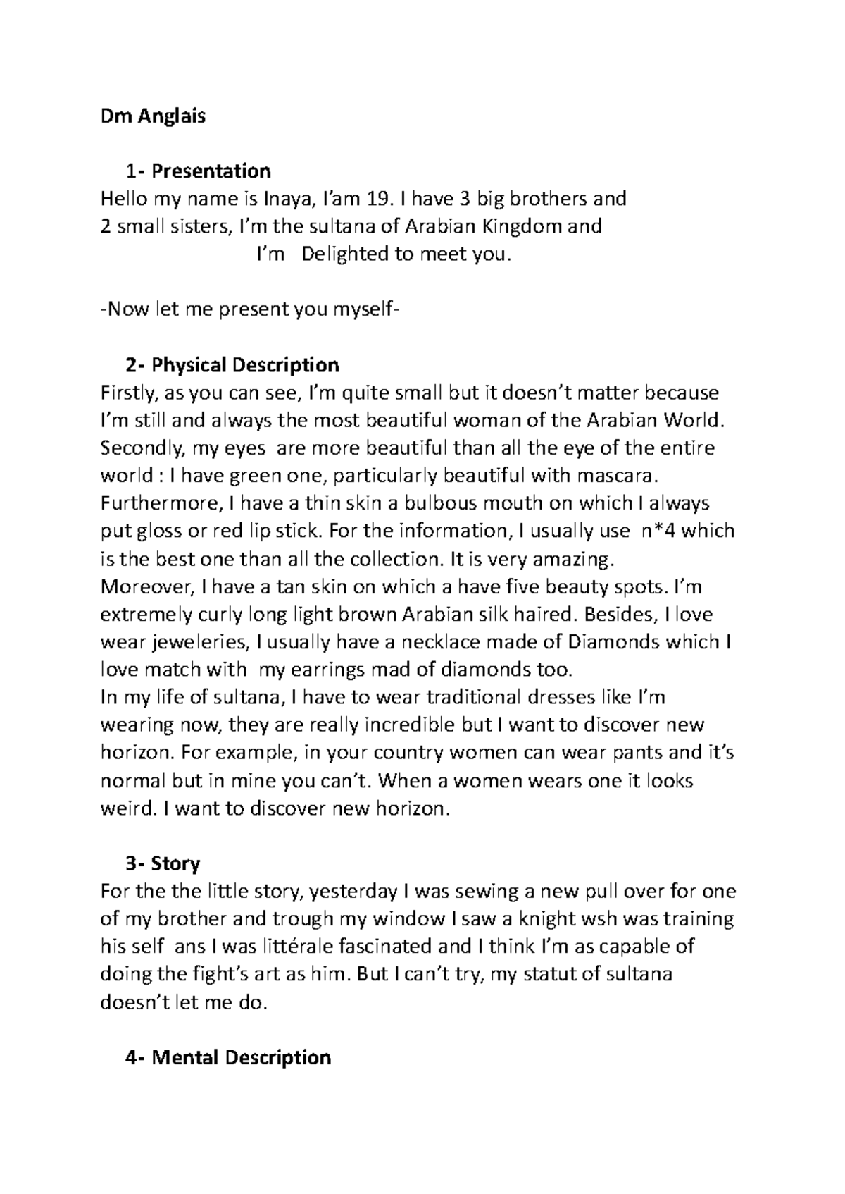 Dm Anglais: Description d'un Personnage Inventé - Inaya, Sultana - Studocu