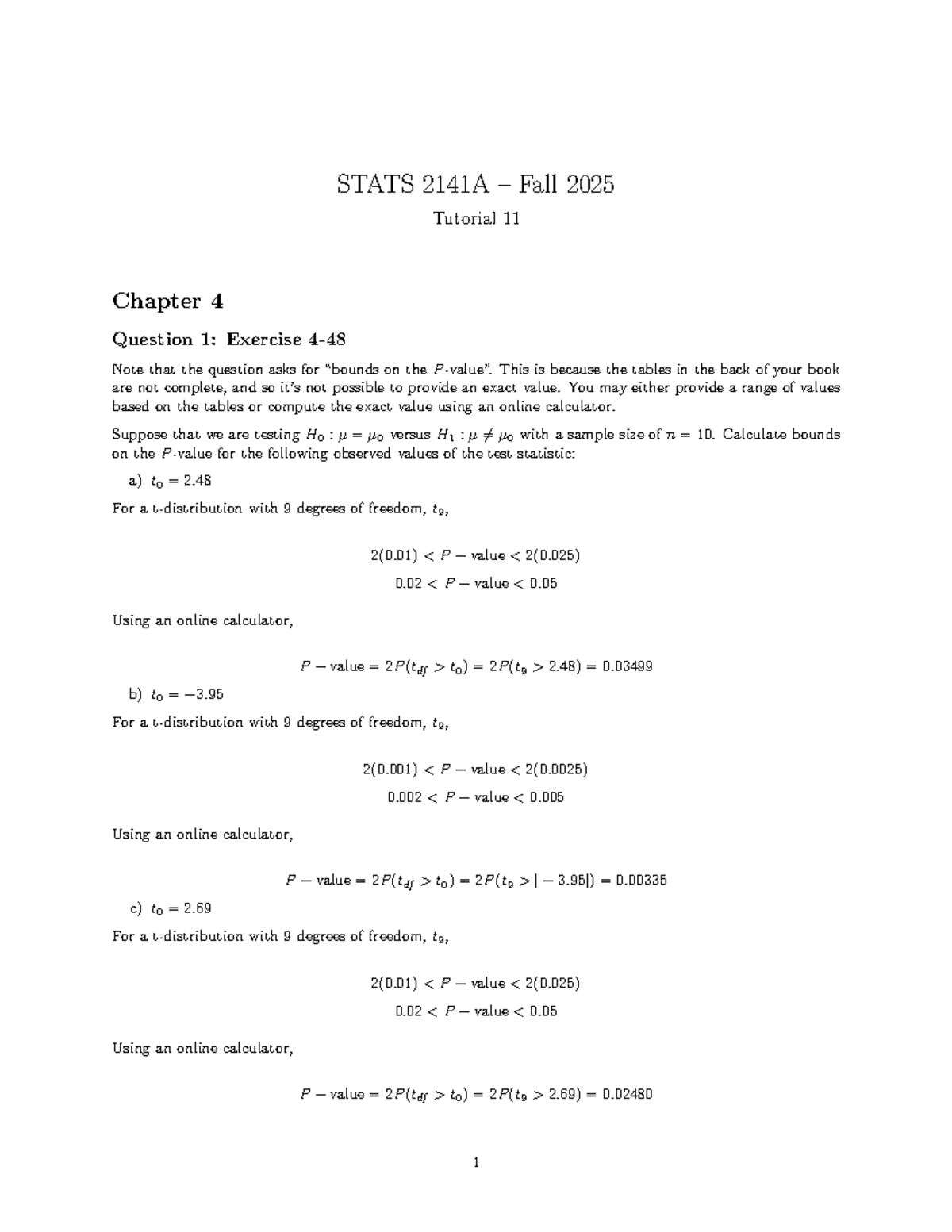 STAT 2141A Fall 2025 Tutorial 11 Solutions and Exercises - Studocu
