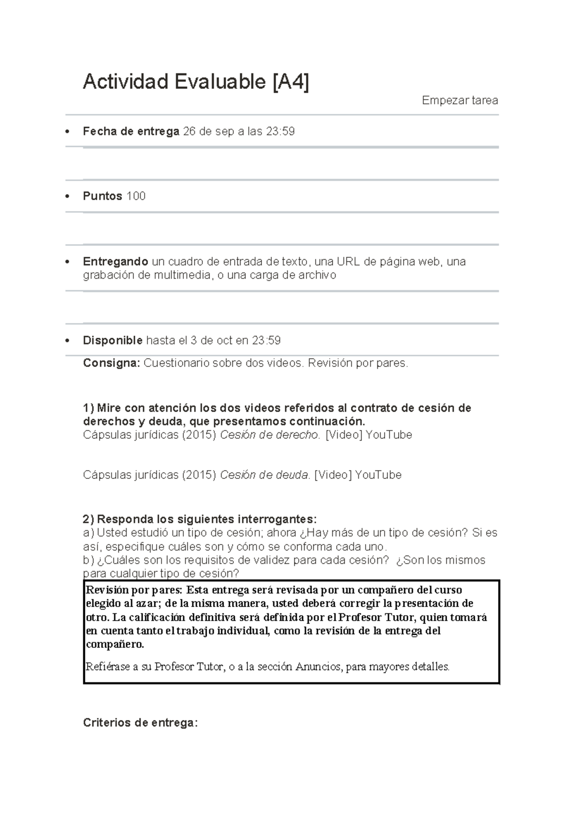 Actividad Evaluable A4: Cuestionario sobre Cesión de Derechos y Deuda ...
