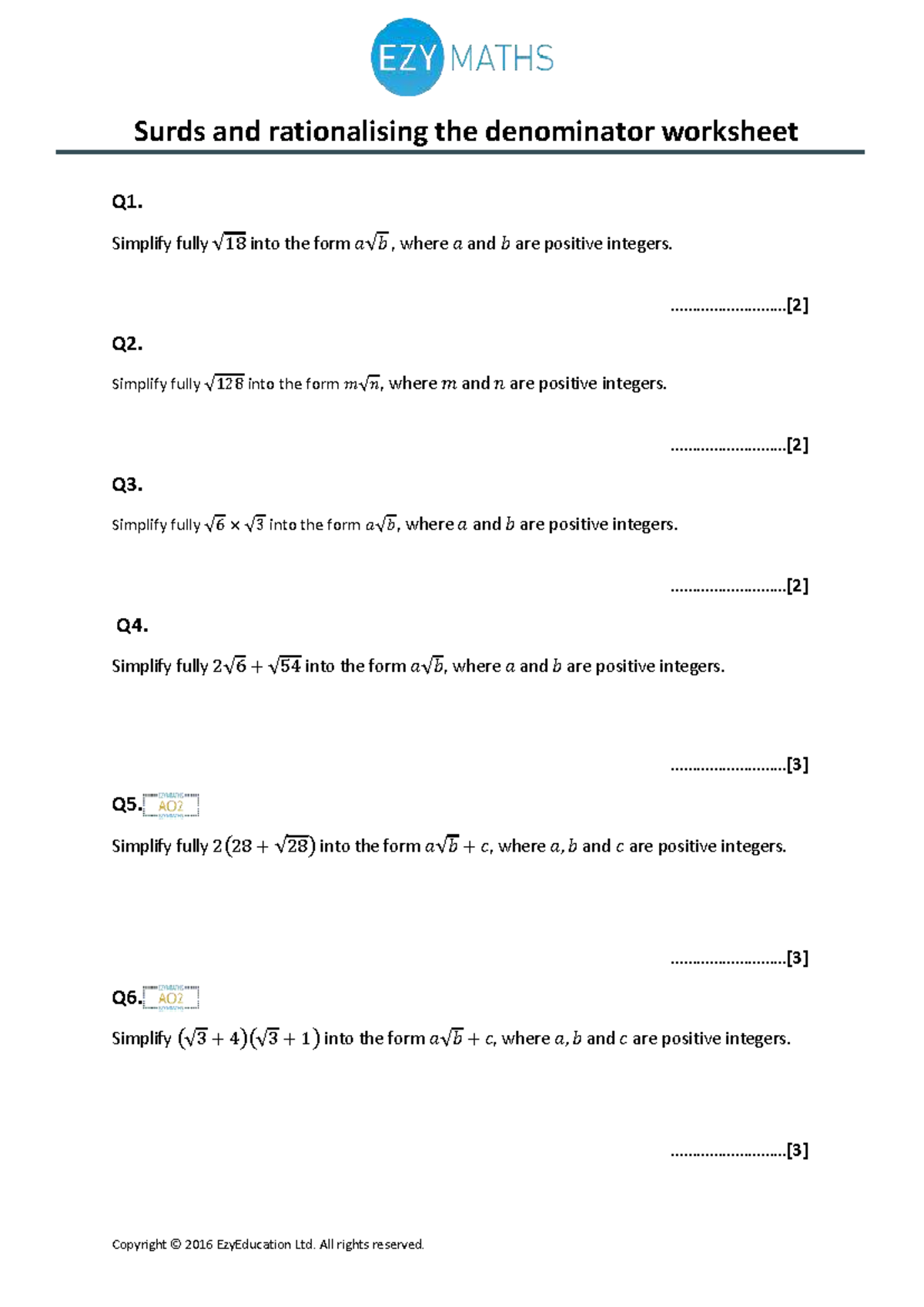Surds and Rationalising the Denominator Worksheet - Ezymaths Q1-Q10 ...