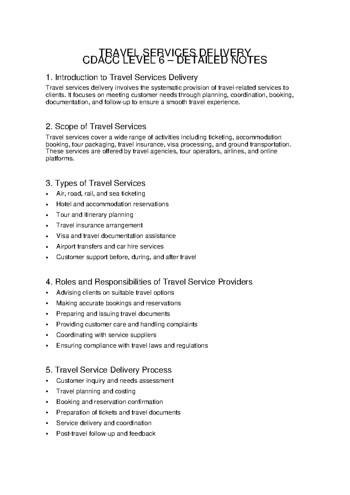Travel Services Delivery CDACC Level 6 Comprehensive Notes - Studocu