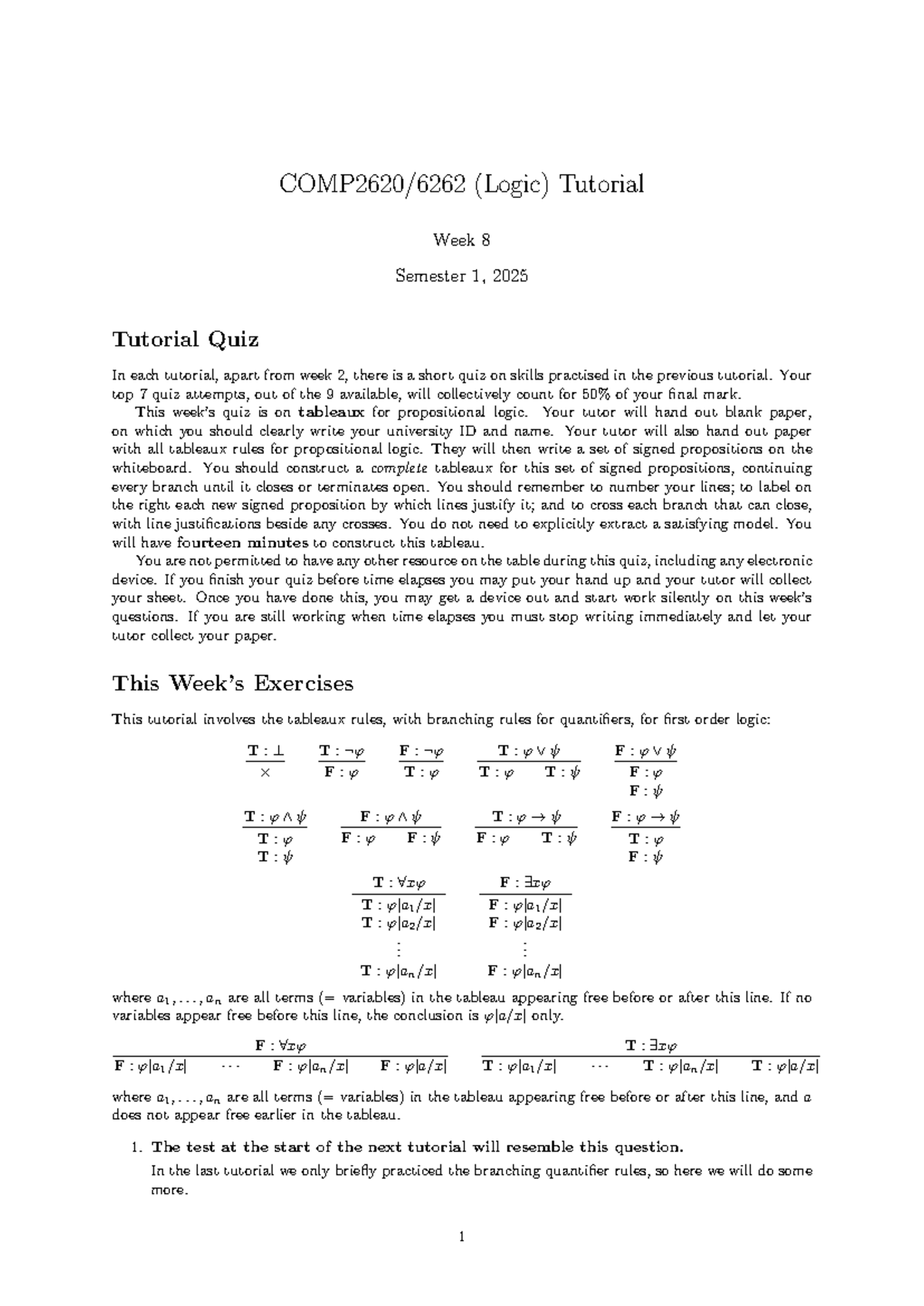 COMP2620/6262 (Logic) Week 8 Tutorial Quiz & Exercises on Propositional ...