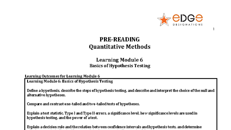 Quants - LM 6 - Basics of Hypothesis Testing Pre-Read Notes 2024 - Studocu