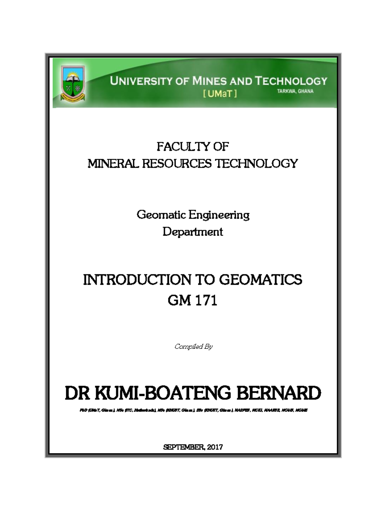 GM 171 - Introduction to Geomatics - Lecture Notes 1 - Studocu