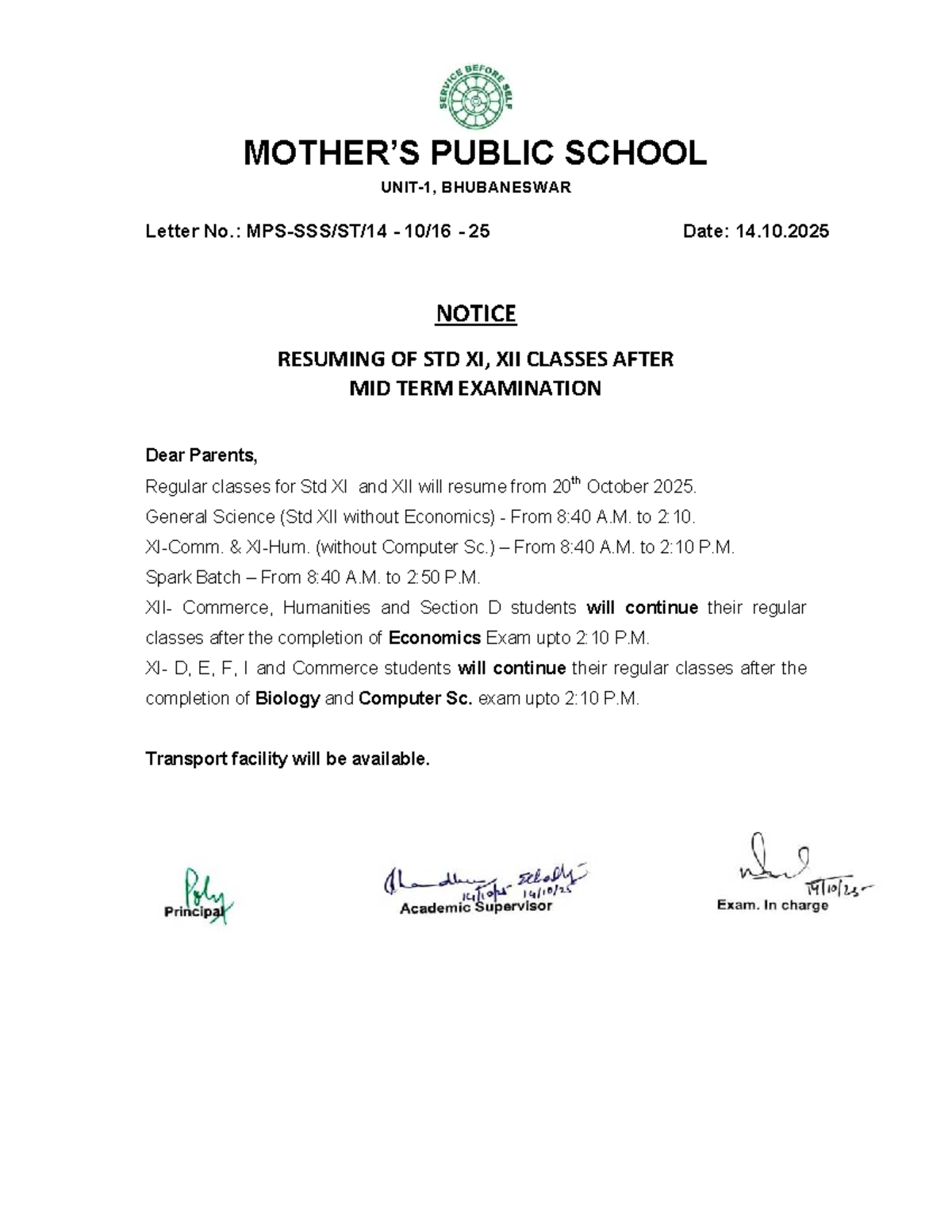 Notice: Resumption of Classes for Std XI & XII After Midterm Exam - Studocu