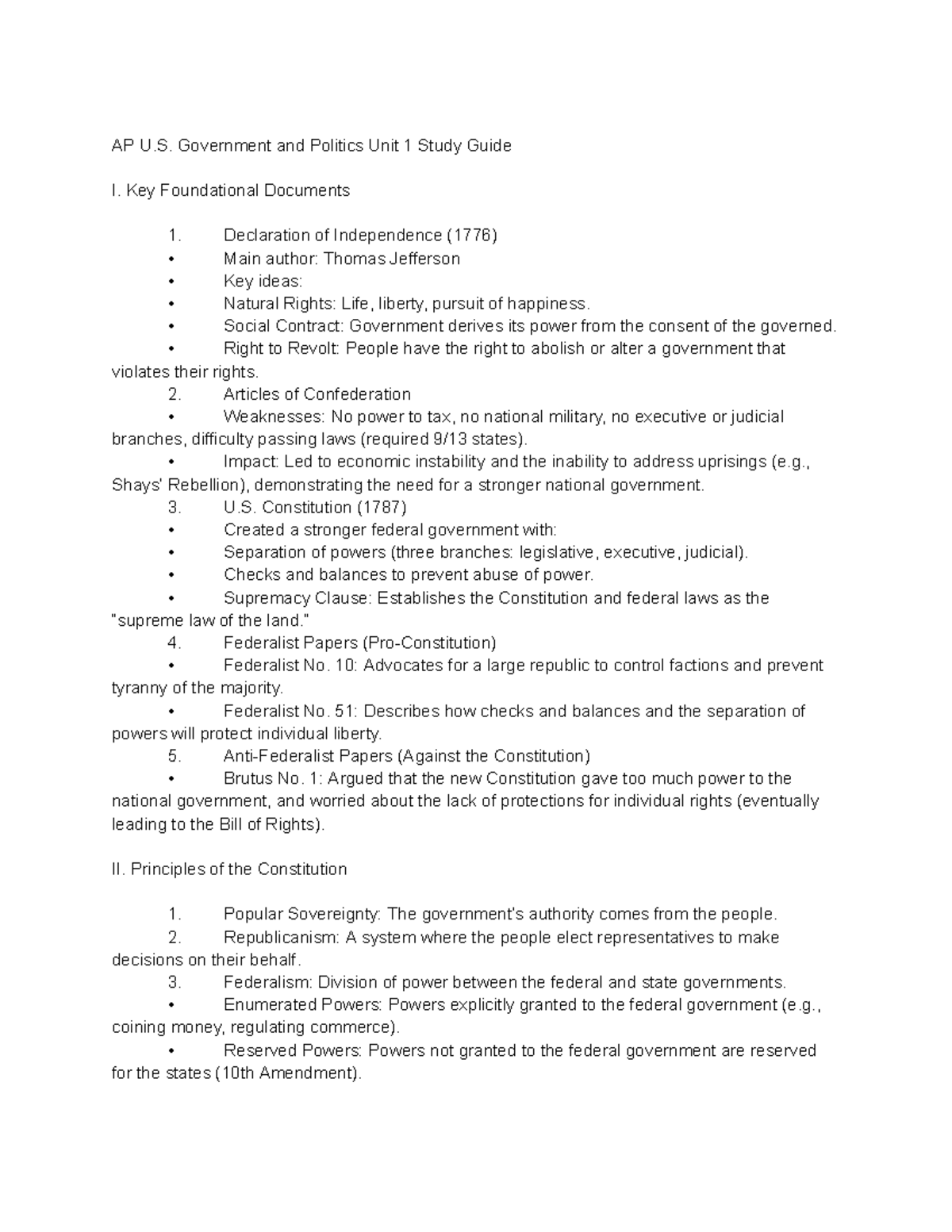 AP Gov - Unit 1 Comprehensive Study Guide on Foundations & Principles ...