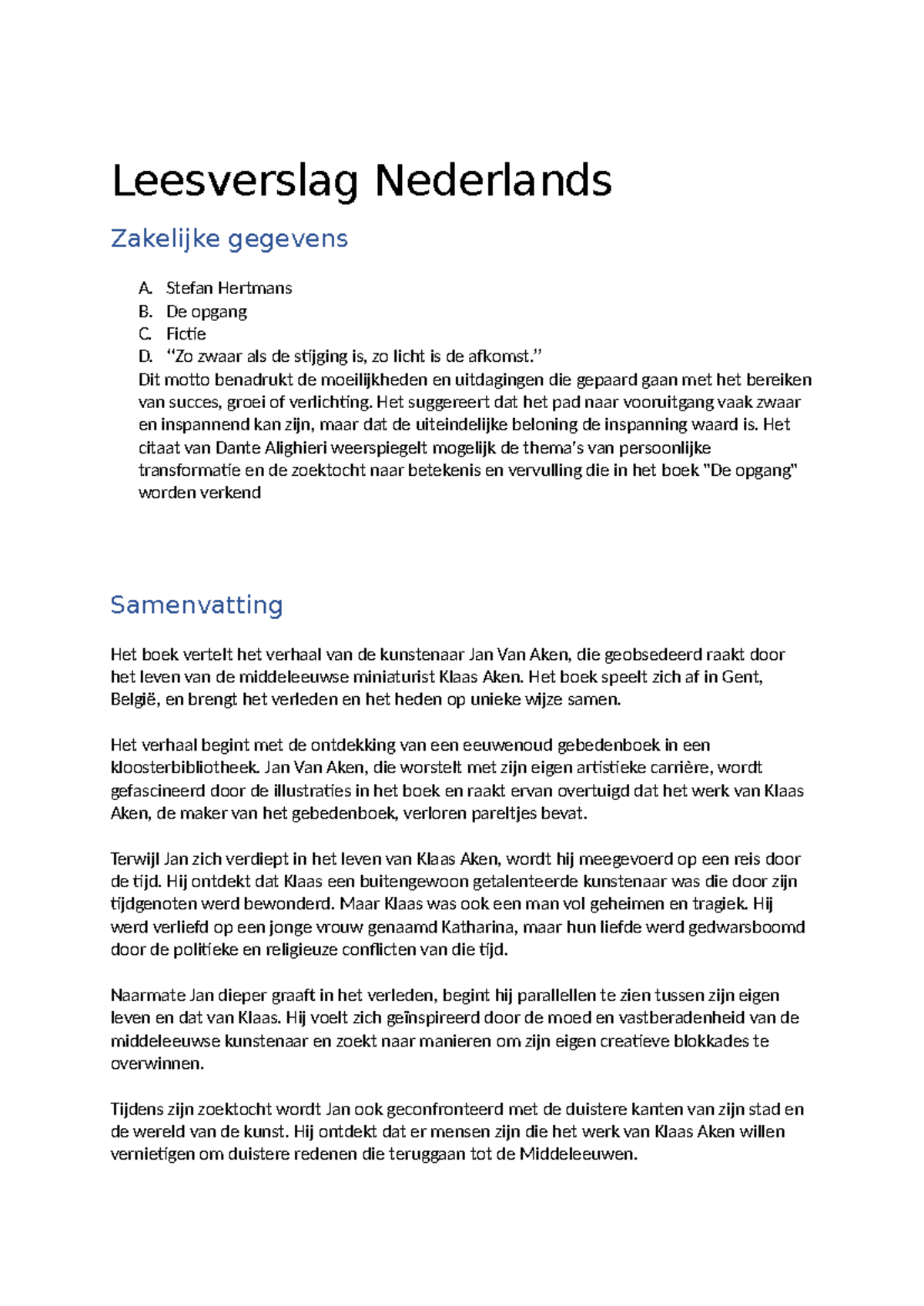 Leesverslag Nederlands Tertiaal 2: De opgang van Stefan Hertmans ...