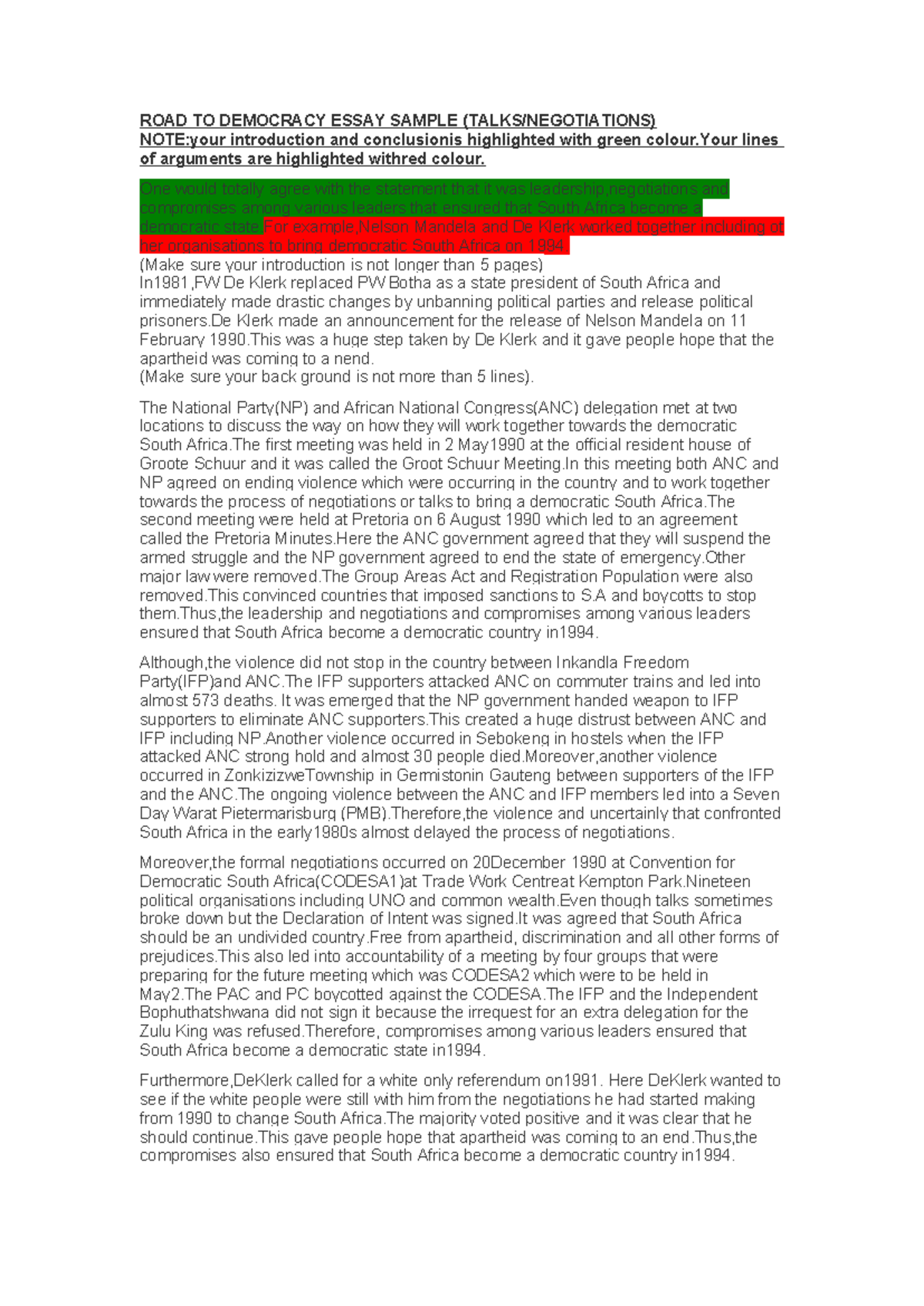 ROAD TO DEMOCRACY ESSAY SAMPLE: Leadership & Negotiations in SA's 1994 ...