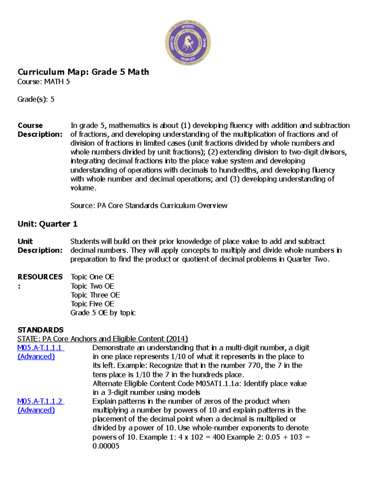 Math Grade 5 Curriculum Map - Curriculum Map: Grade 5 Math Course: MATH ...