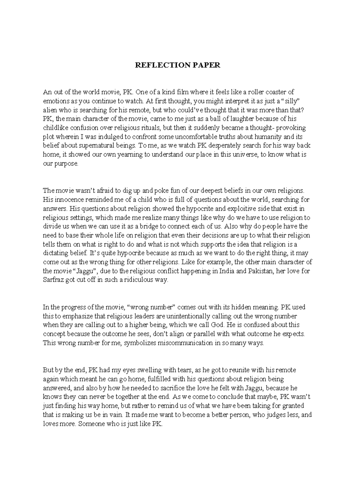 Reflection Paper - important notes - REFLECTION PAPER An out of the ...