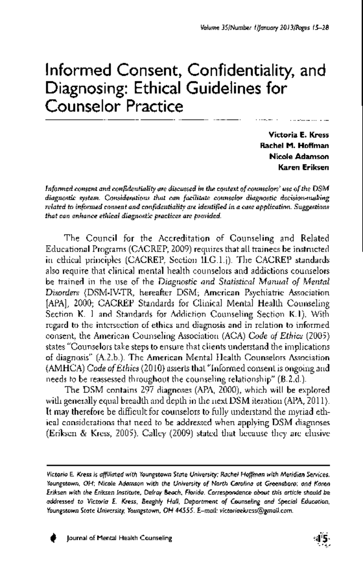 Informed Consent, Confidentiality, and Diagnosis: Ethical Guidelines ...
