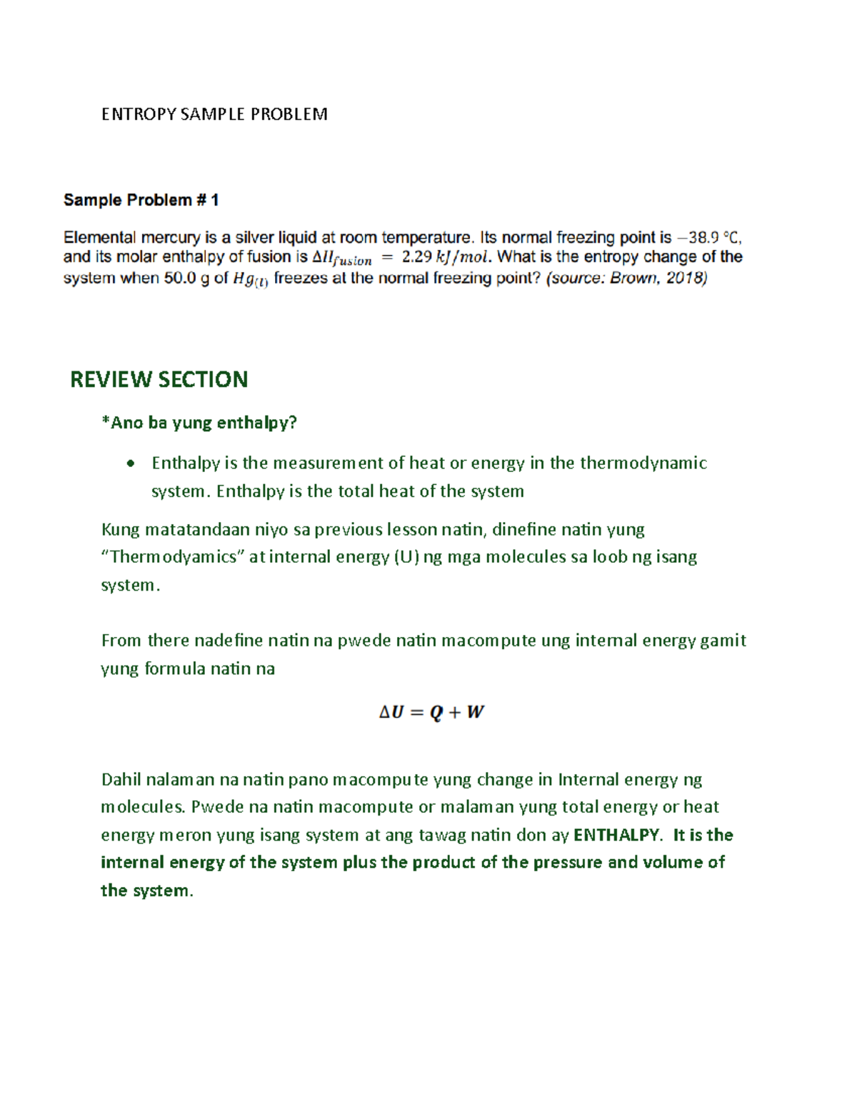 Entropy and Enthalpy Concepts - Sample Problems for Study - Studocu