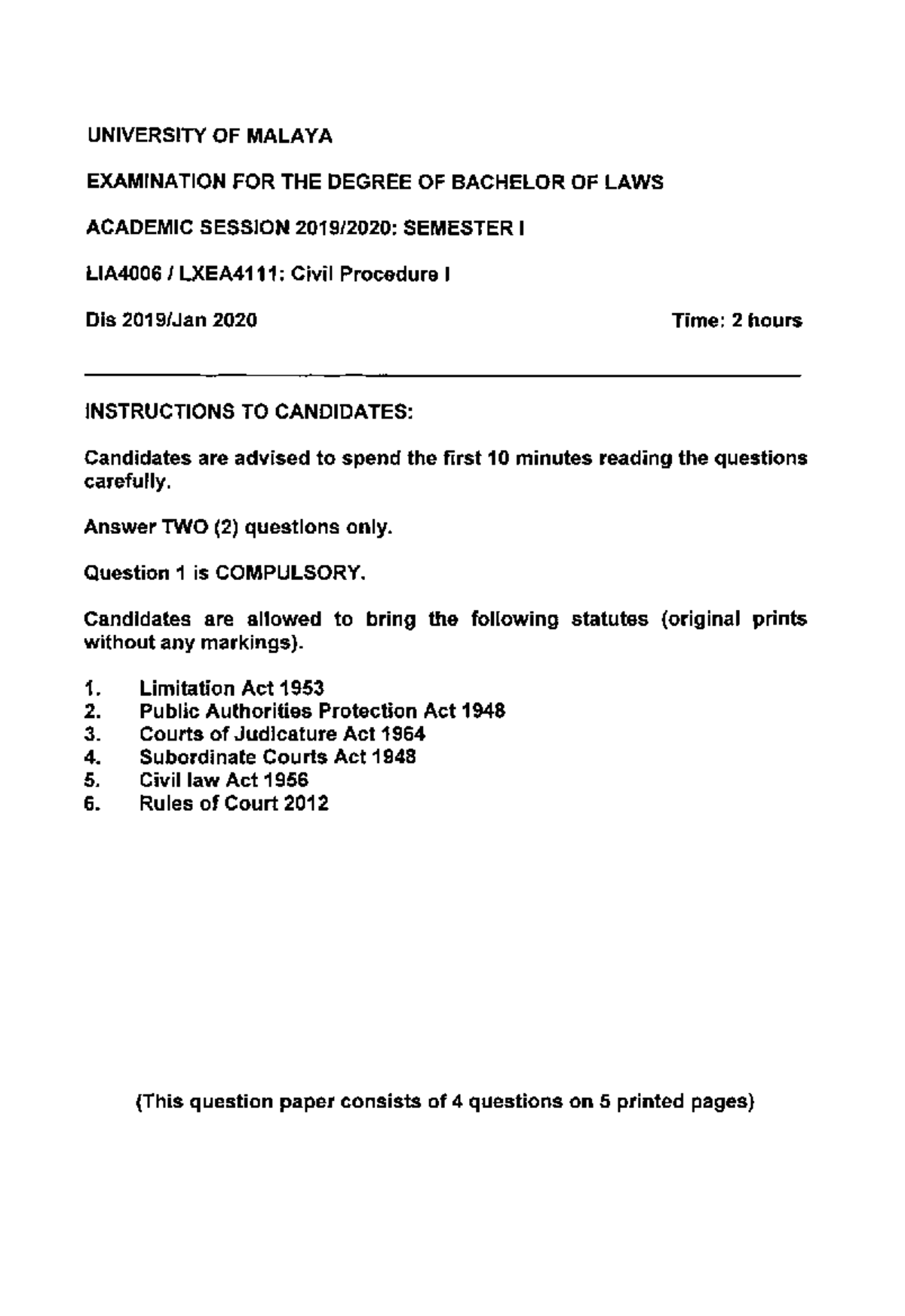 LIA4006 Civil procedure I examination paper semester I 2020 - Studocu