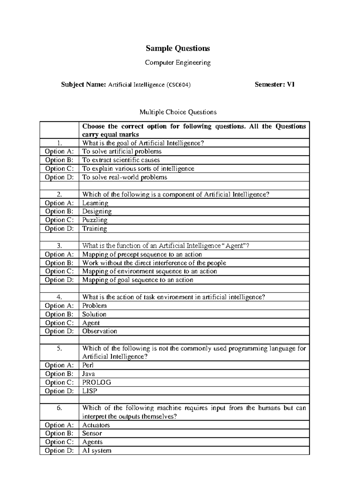 Comp Sem VI Artificial Intelligence+Sample Questions - Sample Questions ...