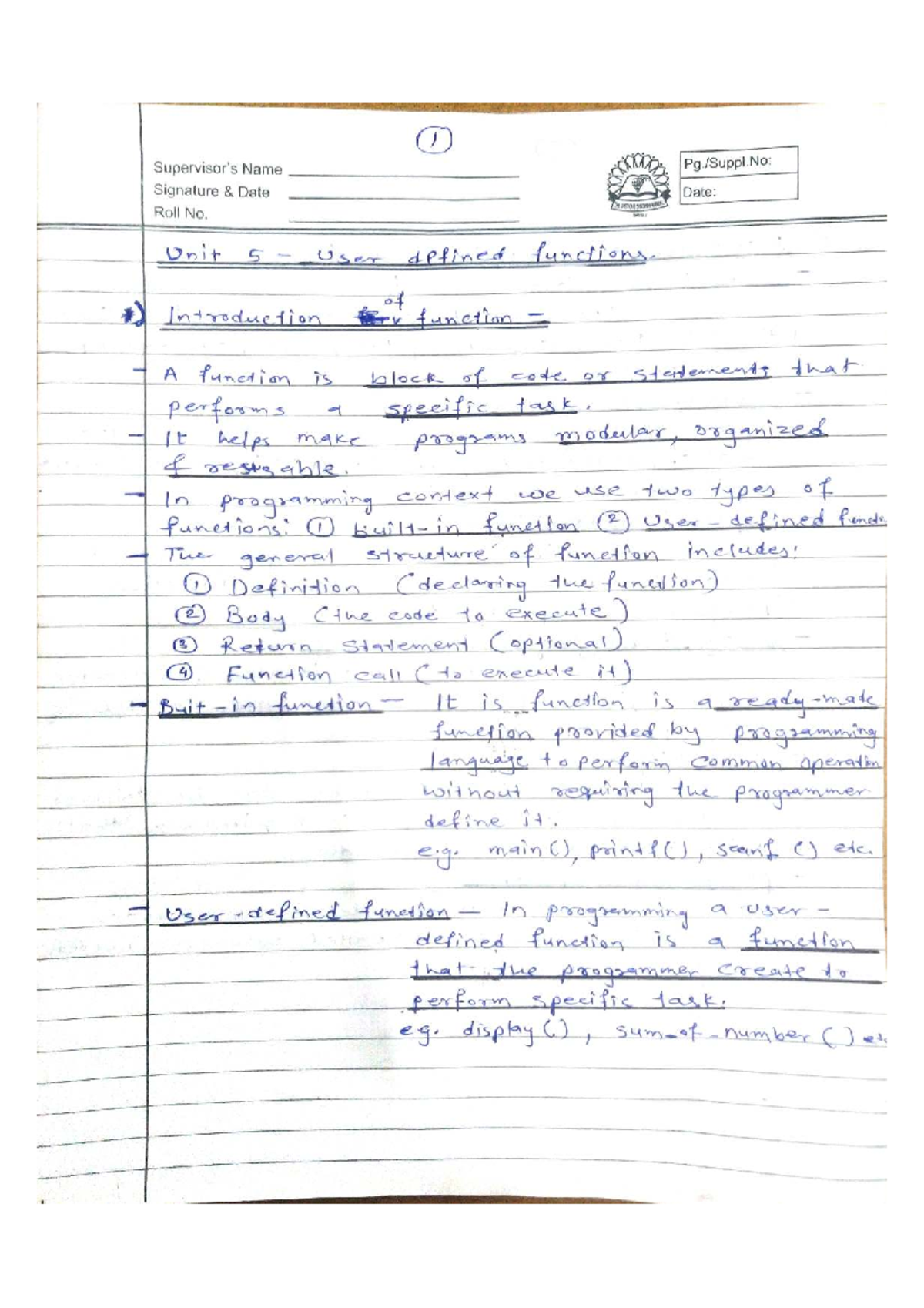 Unit 5: User Defined Functions - FPL Study Notes - Studocu
