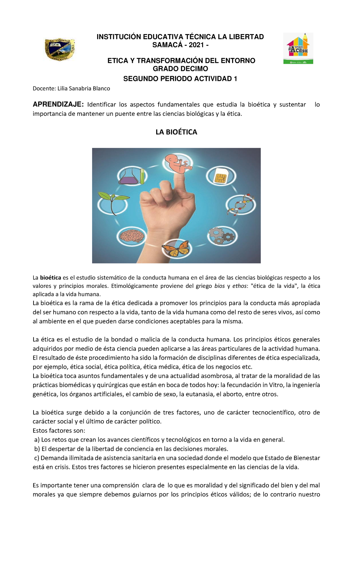 Ética y Bioética: Actividad 1 - Grado 12 - Institución Educativa 2021 ...