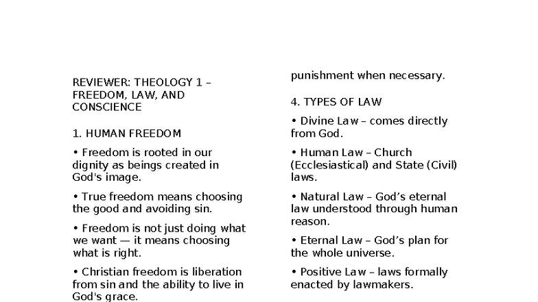 REVIEWER: THEOLOGY 1 - FREEDOM, LAW, AND CONSCIENCE OVERVIEW - Studocu
