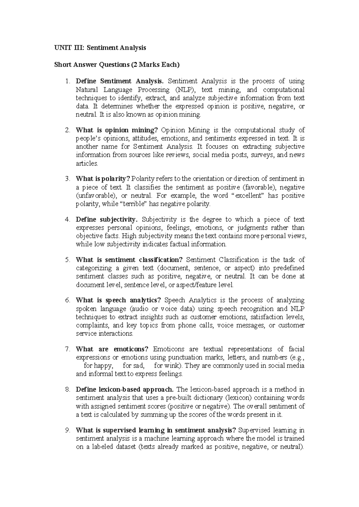 WSMA UNIT III - Sentiment Analysis Q&A (Short & Long) - Studocu
