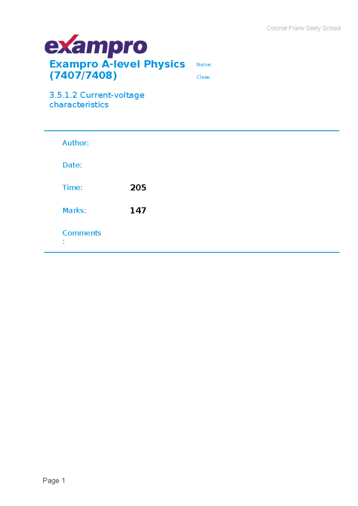 Colonel Frank Seely School Physics Exam 3.5: Circuit Characteristics ...