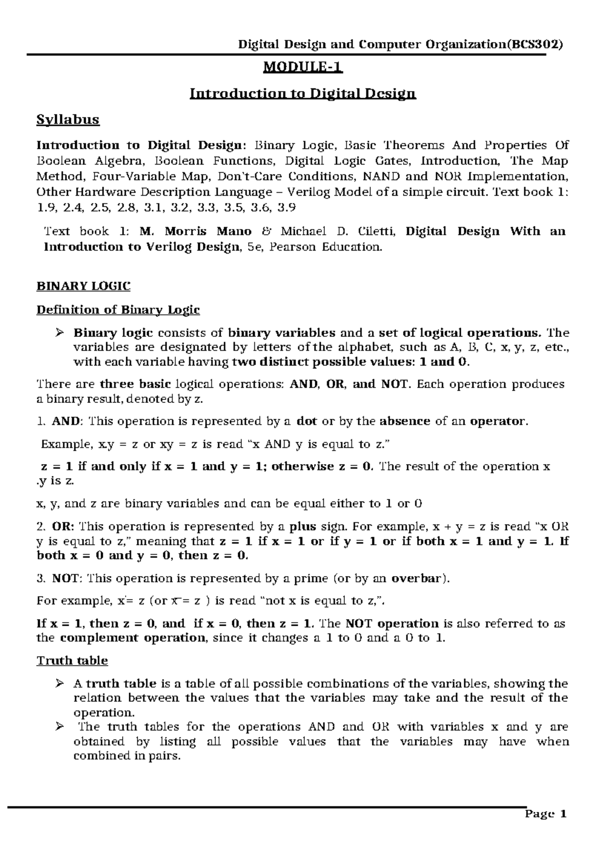 M1 - DDCO (BCS302) Module 1: Digital Design Syllabus & Concepts - Studocu