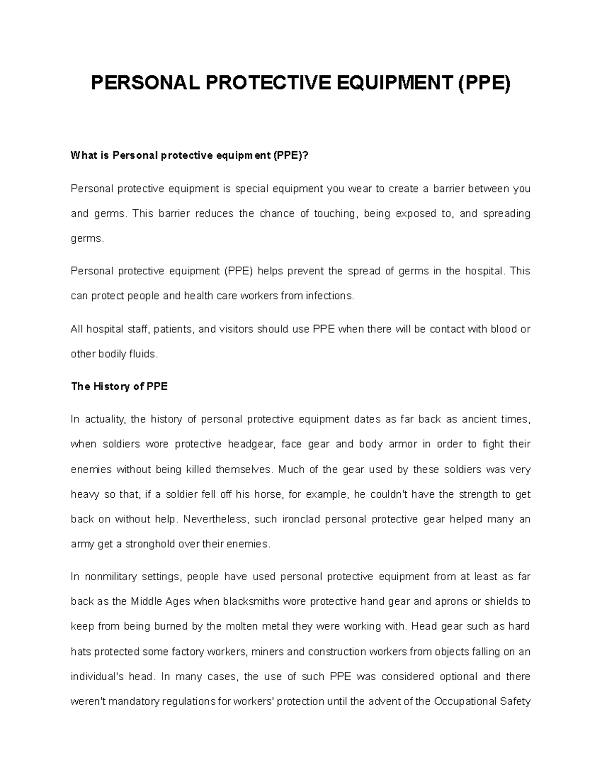 Personal Protective Equipment (PPE) - PERSONAL PROTECTIVE EQUIPMENT ...