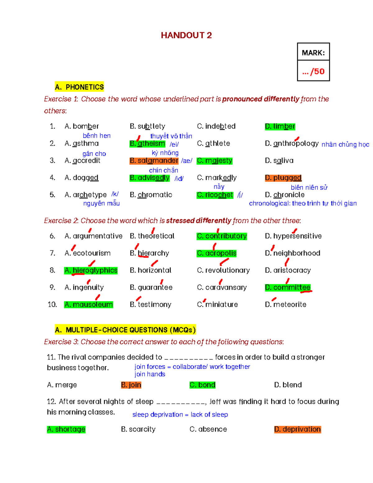 Handout 2 - Phonetics Exercises and MCQs - Studocu