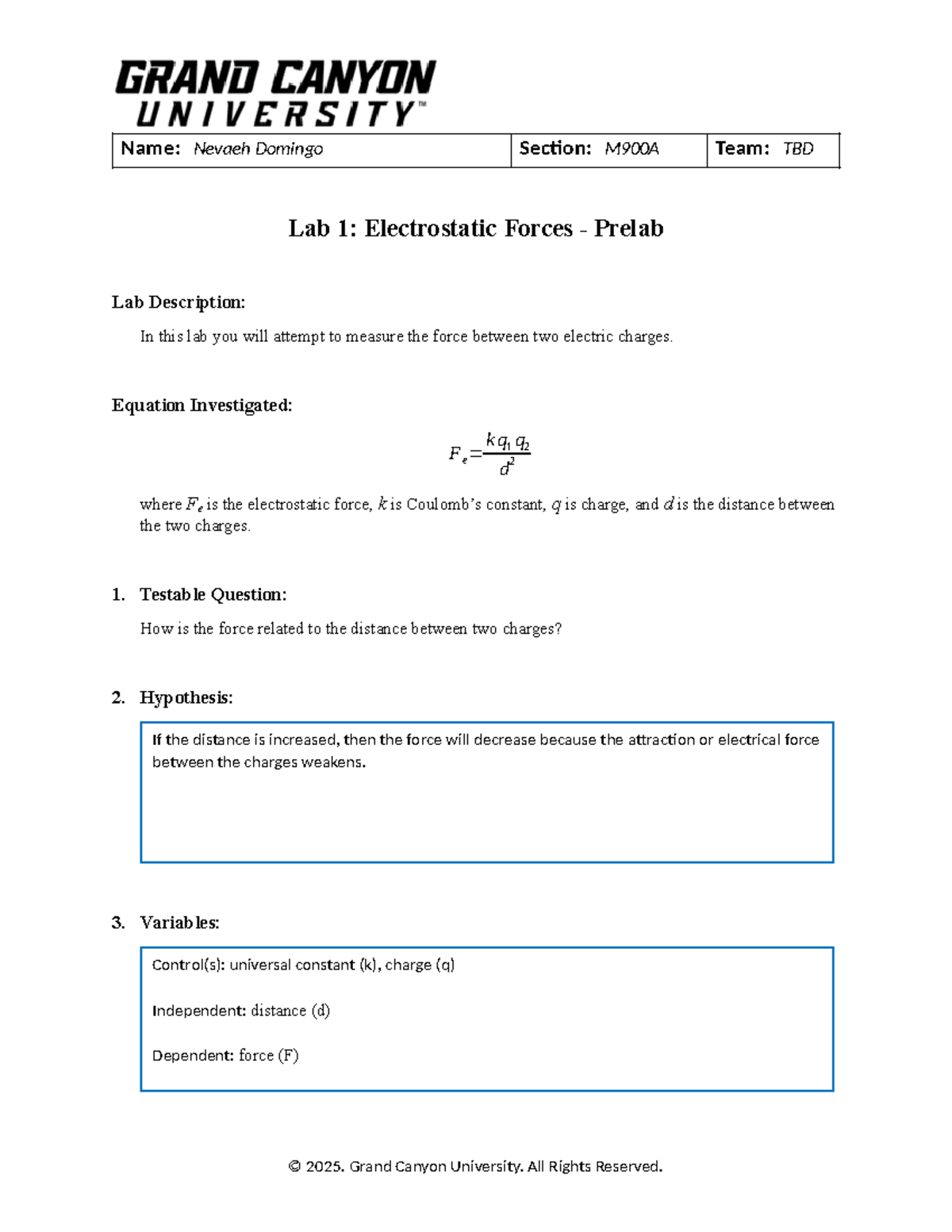 Physics M900A Lab 1: Electrostatic Forces Prelab Answers - Studocu