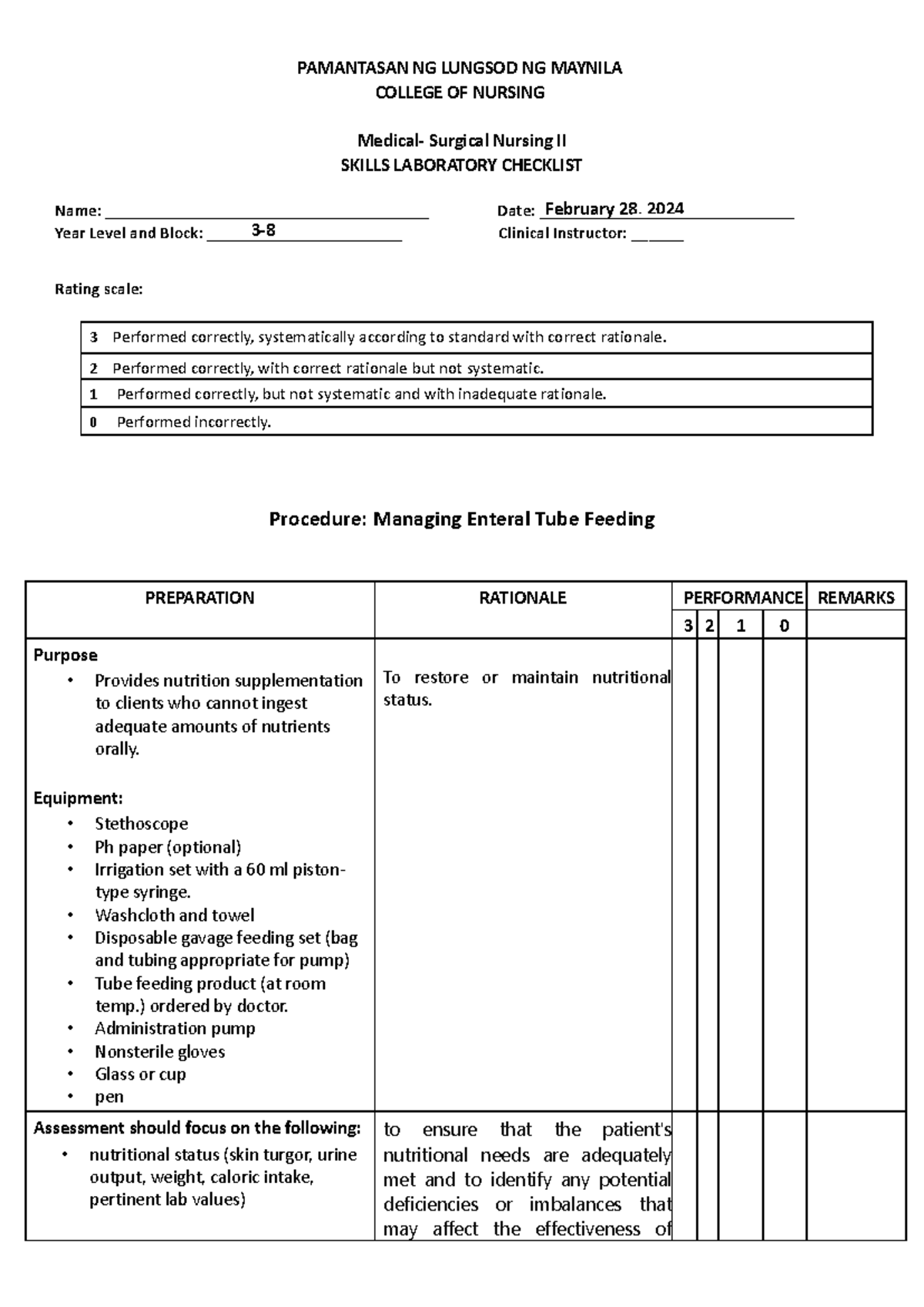 Managing Enteral Tube Feeding: Skills Checklist for Nursing II - Studocu
