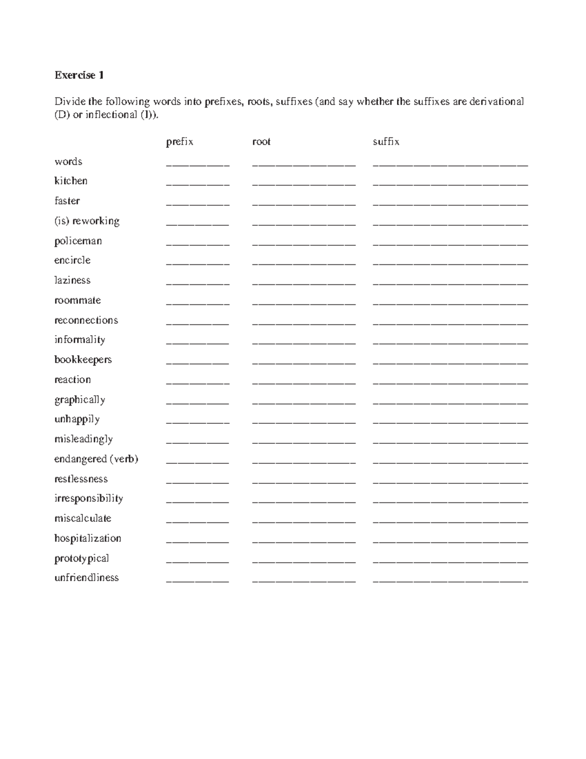 Morphology Exercises: Prefixes, Roots, and Suffixes Analysis - Studocu